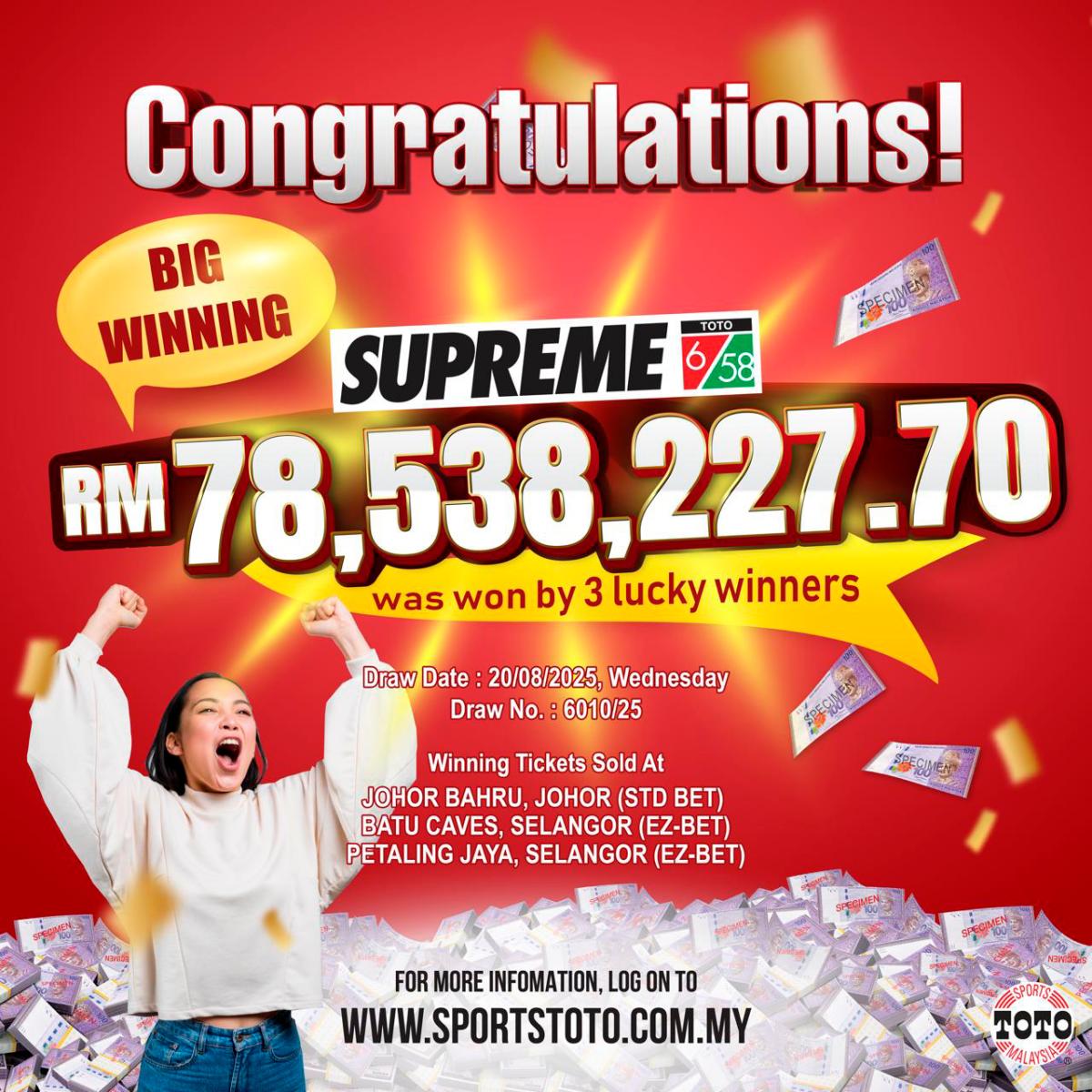 Lucky winner from Johor wins RM73 million in Supreme 6/58 Jackpot