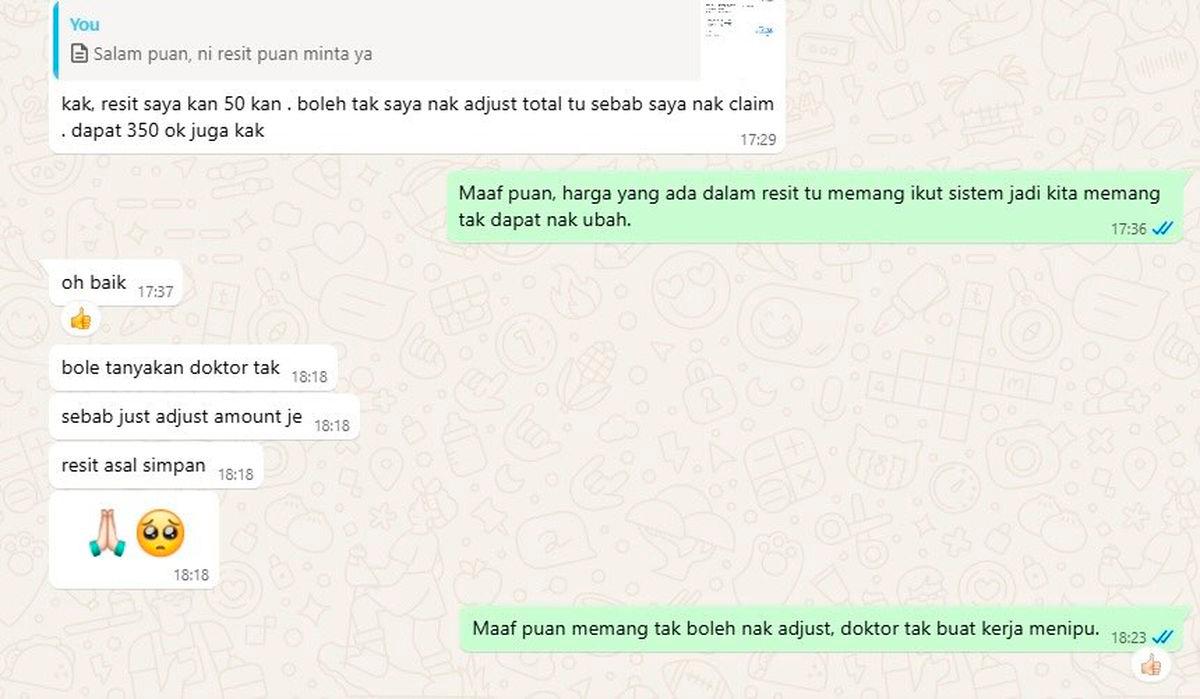 M’sian patient requests clinic to “adjust” RM50 bill to RM350 for claims