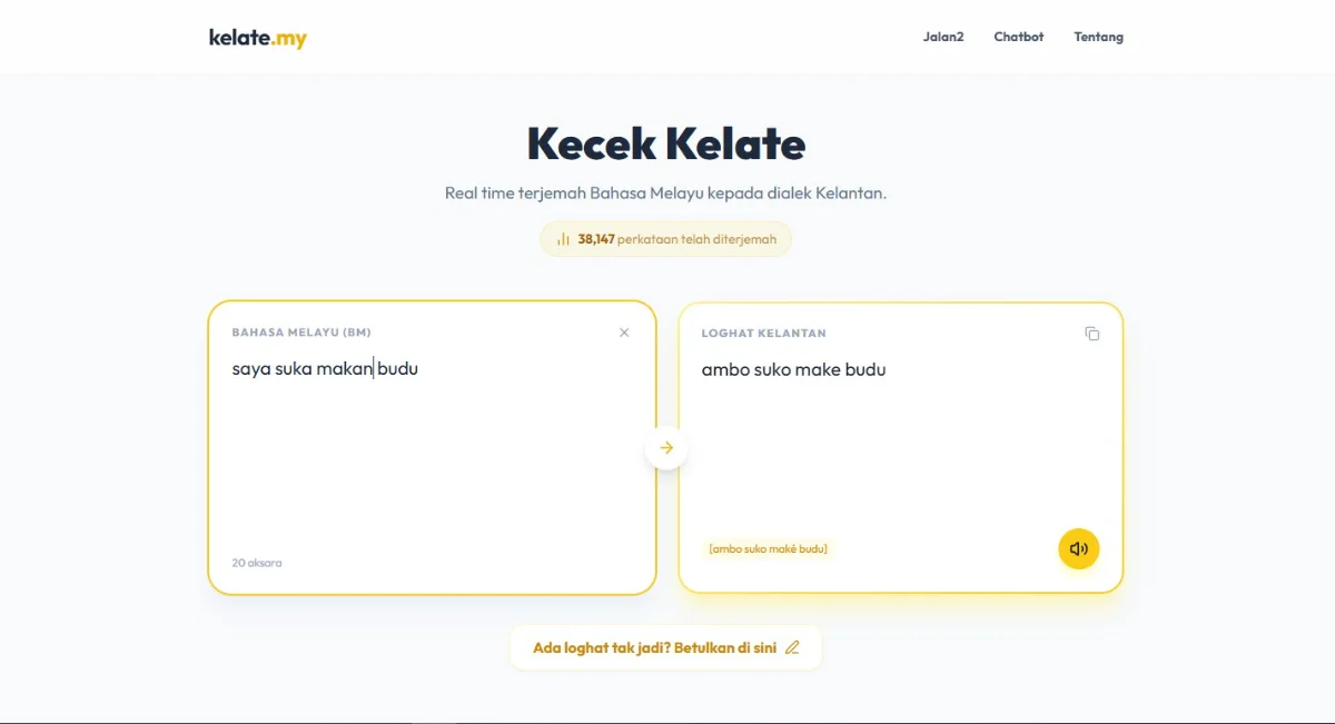 Kelate.my translates Bahasa Malaysia into "Kecek" Kelantan